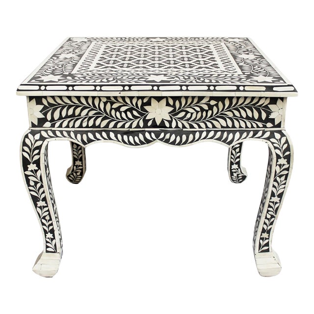 Black & White Floral Leaf Pattern Side Table | Chairish