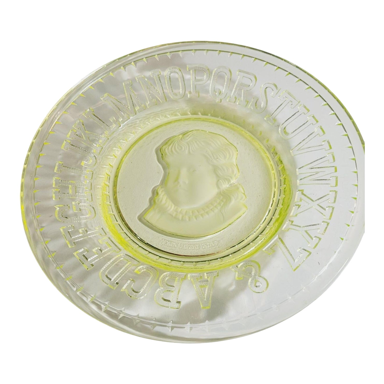 Antique Uranium Glass Children's Abc Plate Eapg Clay's Crystal Works ...