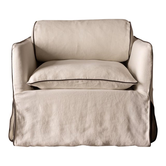 Cohen Linen Armchair in Ivory with Contrast Velvet Piping | Chairish