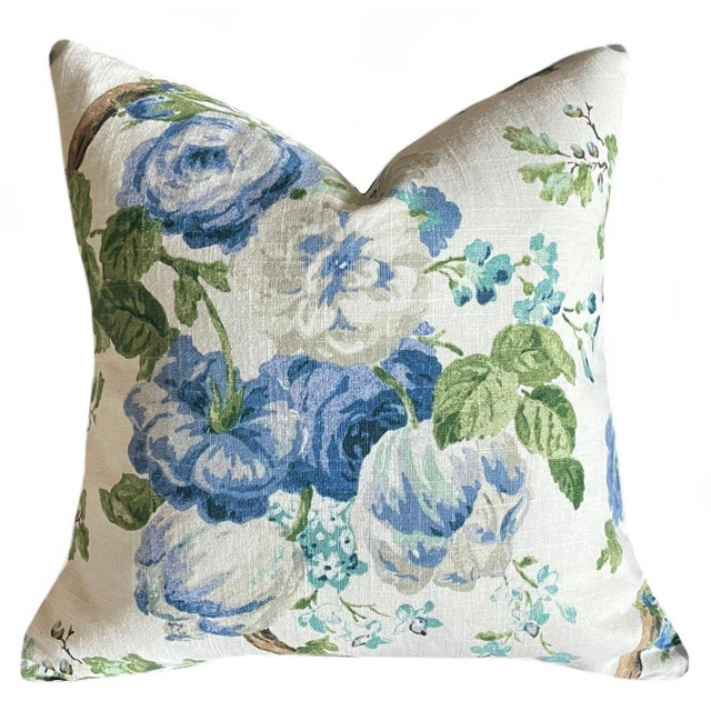18x18 Wentworth Rose Linen Pillow Cover in Blue & Green | Chairish