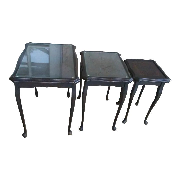 1980s Vintage Traditional Style Dark Tone Wood Nesting Tables Glass Top ...
