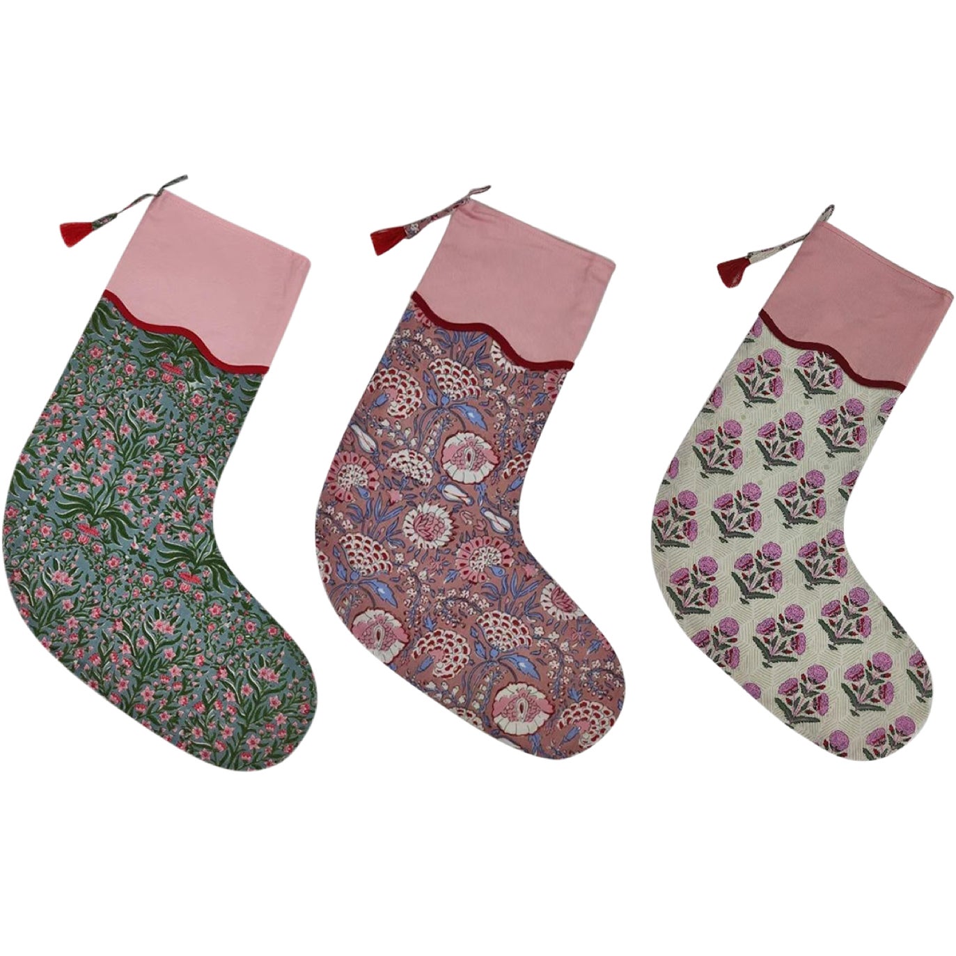 Handmade Assorted Pink Flower Holiday Block Print Christmas Stockings ...
