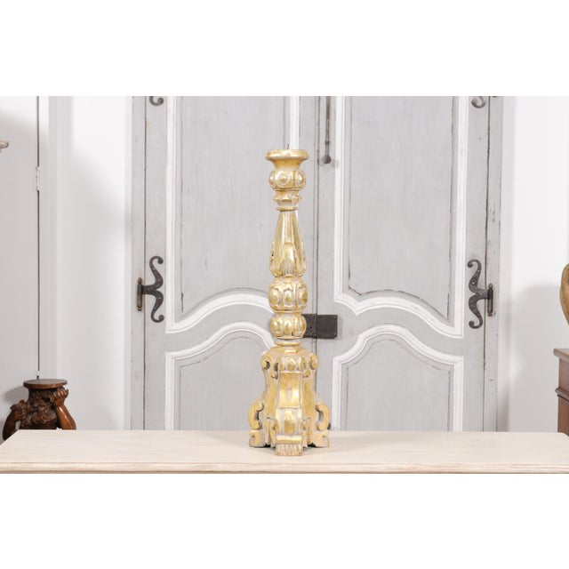 Italian Rococo Style 1890s Giltwood Painted Candlestick with Carved ...