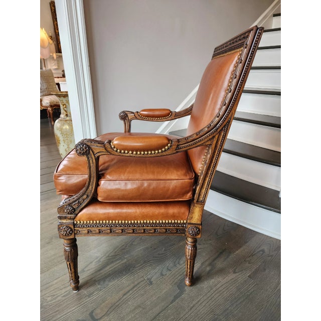 Lewis Mittman Genuine Leather Carved Wood St Laurent Fauteuil Accent Armchair | Chairish