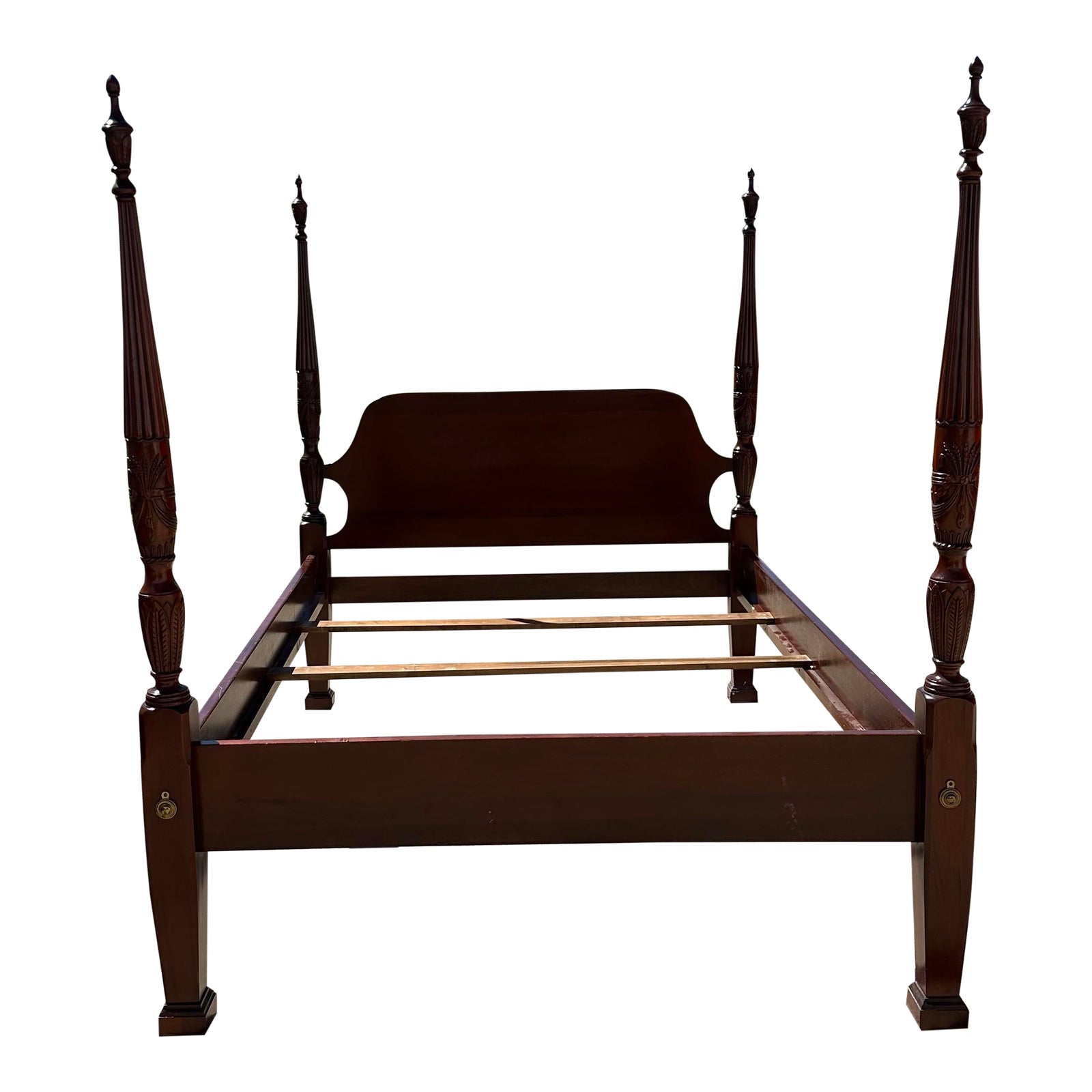 1940s Vintage Mahogany Queen Size Rice Pattern Bed | Chairish