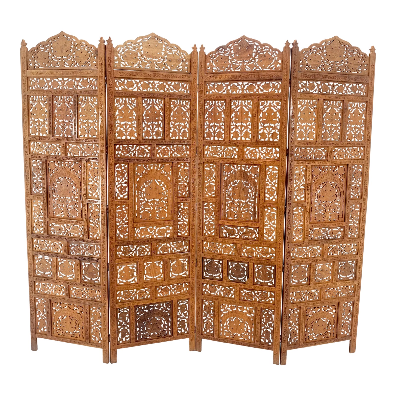 Fine Asian Carved Teak 4 Panels Screen Room Divider - 4 Panels | Chairish