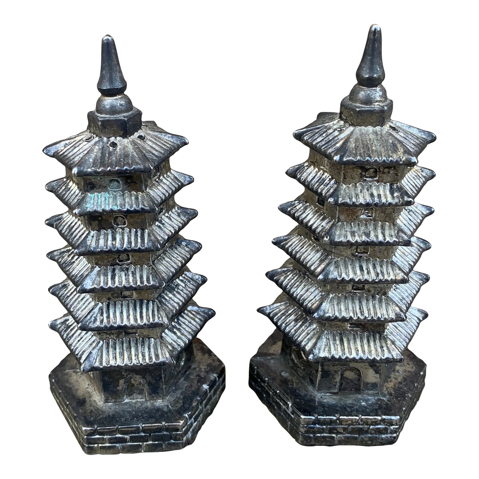 1970s Silverplate Godinger Chinoiserie Pagoda Salt and Pepper Shakers ...