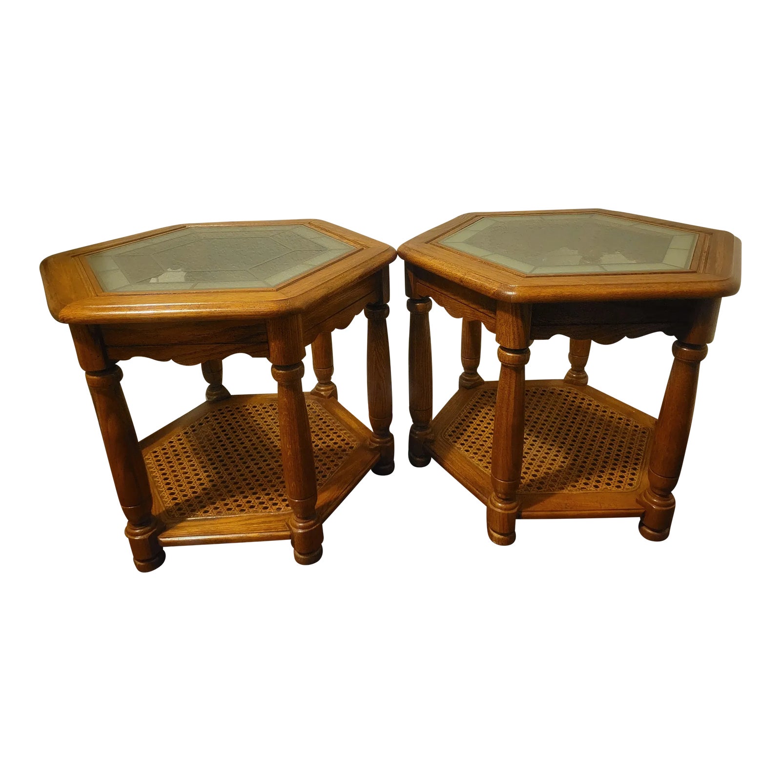 Mid 20th Century Vintage Two Tier Tables With Cane - a Pair | Chairish