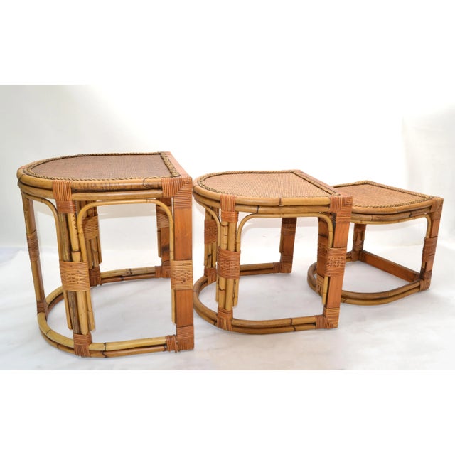 Semi-Circle Bamboo & Cane Nesting Tables / Stacking Tables Handcrafted ...