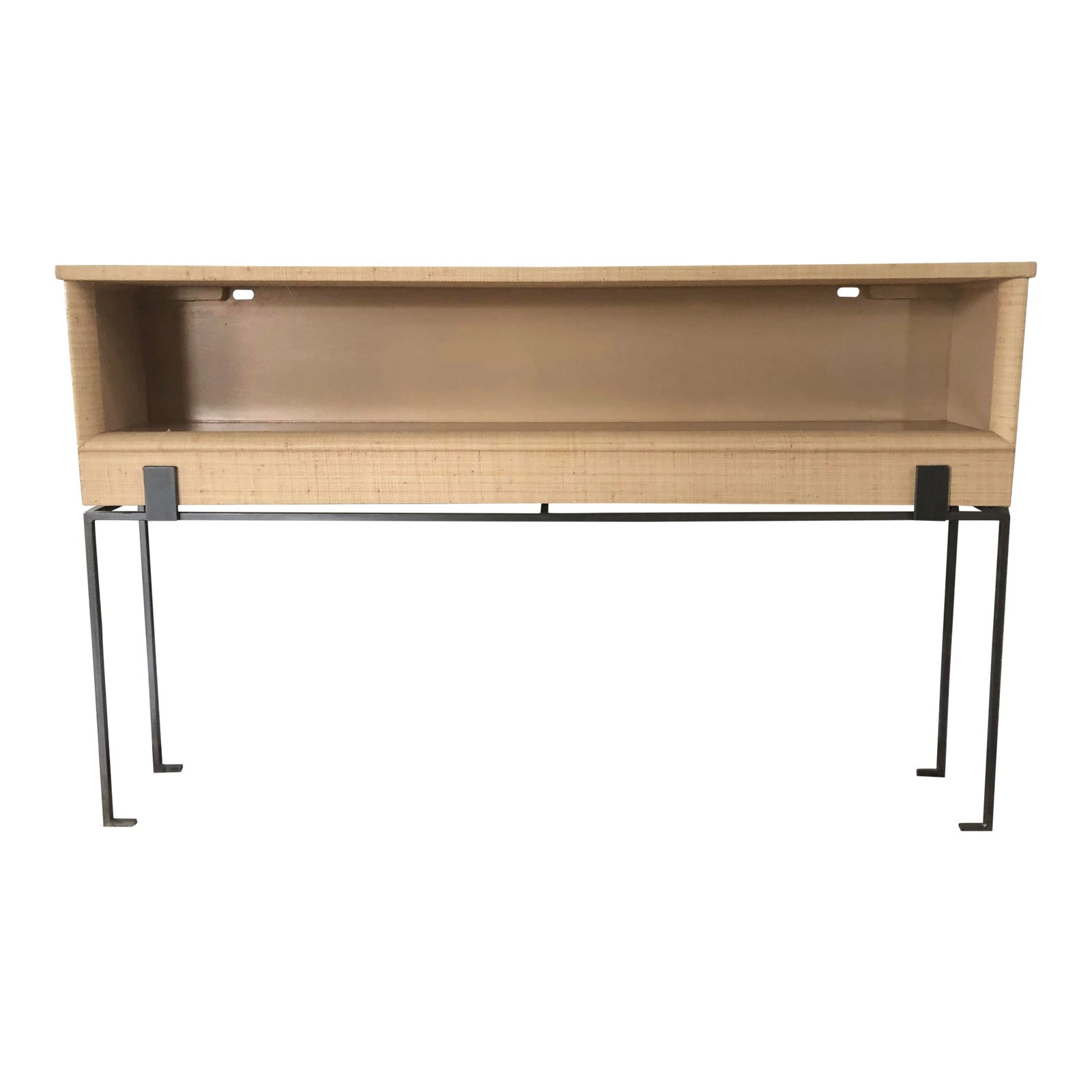 Industrial Raffia Covered Bookcase on Custom Iron Base | Chairish