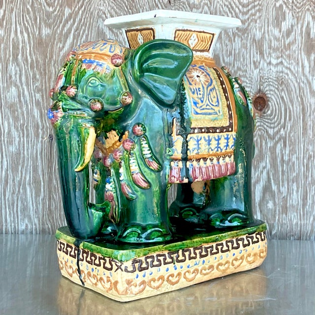 Vintage Boho Glazed Ceramic Elephant Stool | Chairish