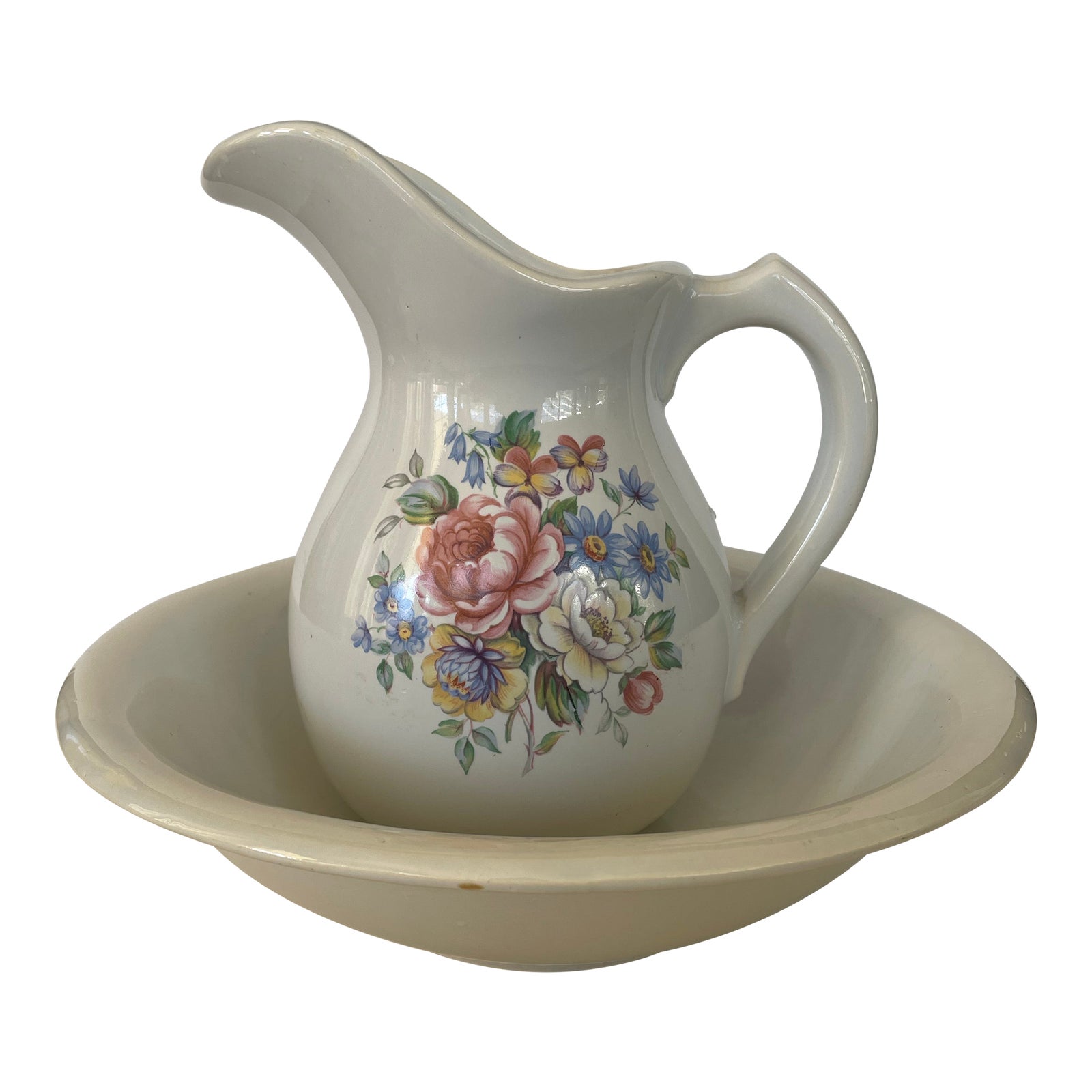 1940s Vintage McCoy U. S. A. Wash Bowl and Pitcher White With Floral ...