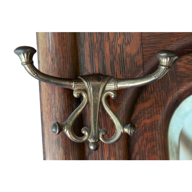 Vintage Deco Oakwood Hall Tree With Mirror & 4 Hooks | Chairish