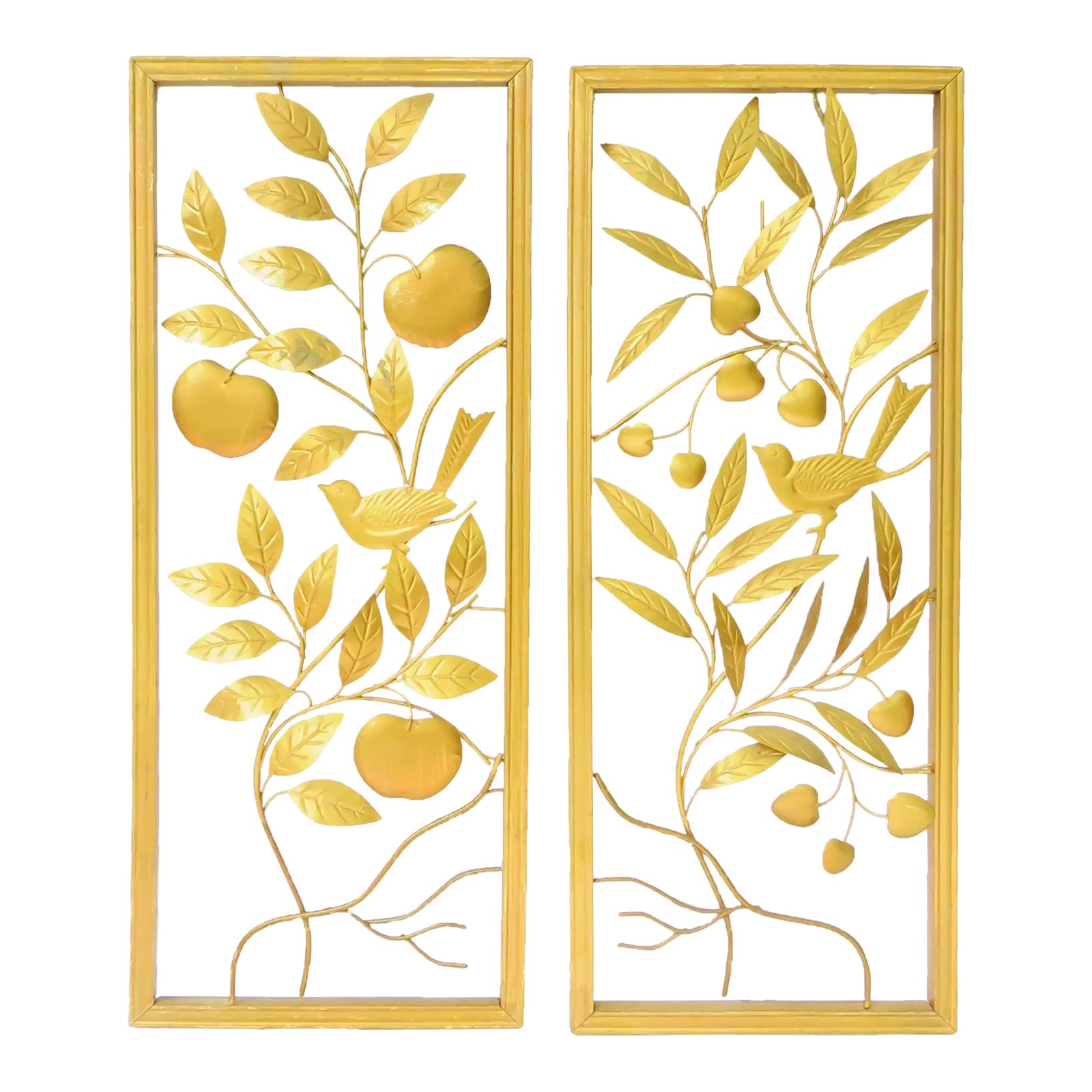 Midcentury Chinoiserie Golden Fruit & Bird Fretwork Wall Art, Pair ...