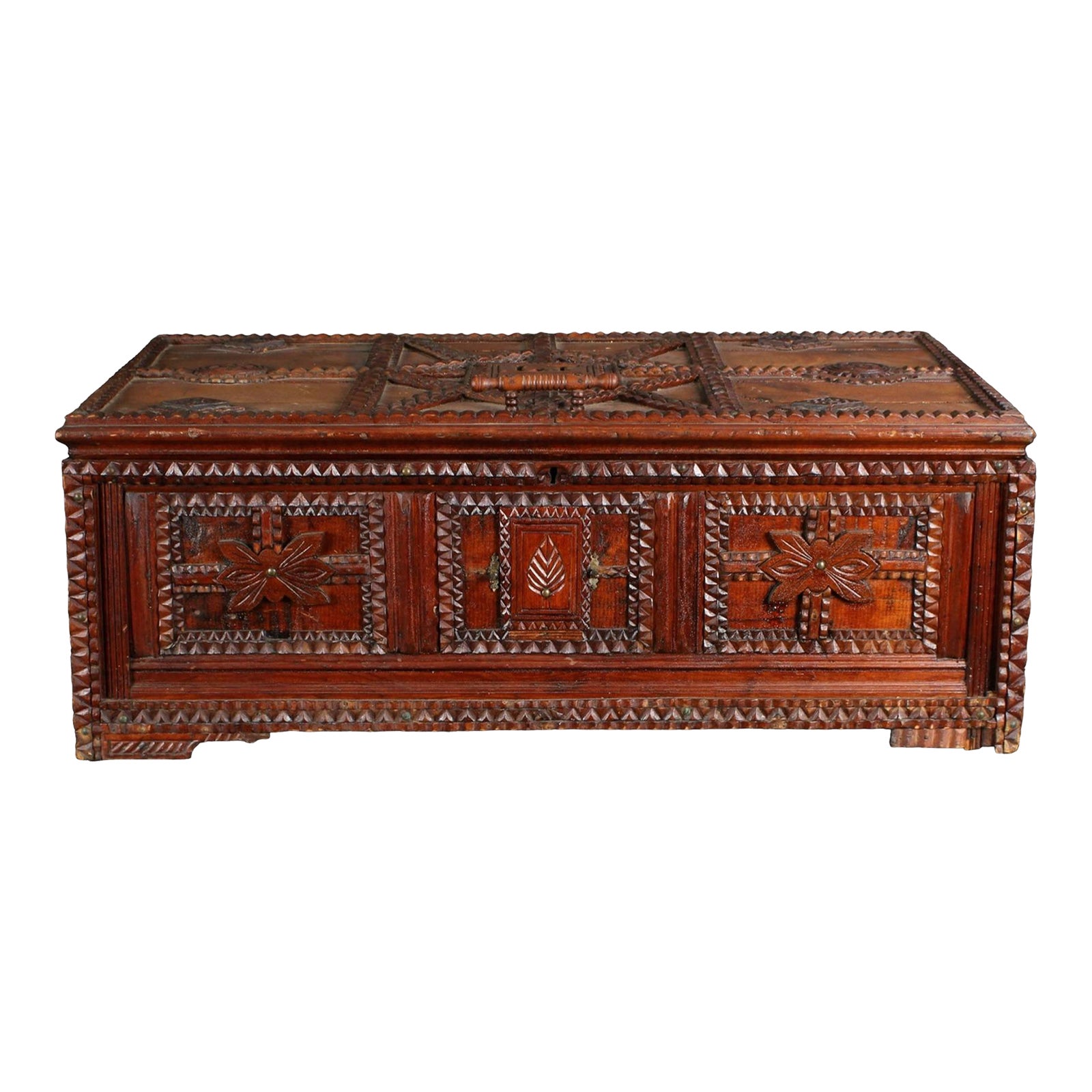 19th-C. Victorian Era Continental Carved Tramp Art / Folk Art Trunk or ...