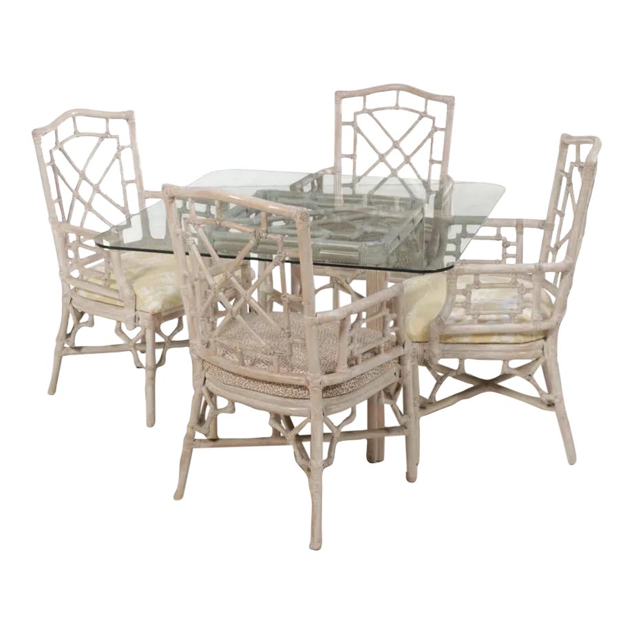 Chinese Chippendale Rattan and Leather Whitewashed Dining Set - 5 ...
