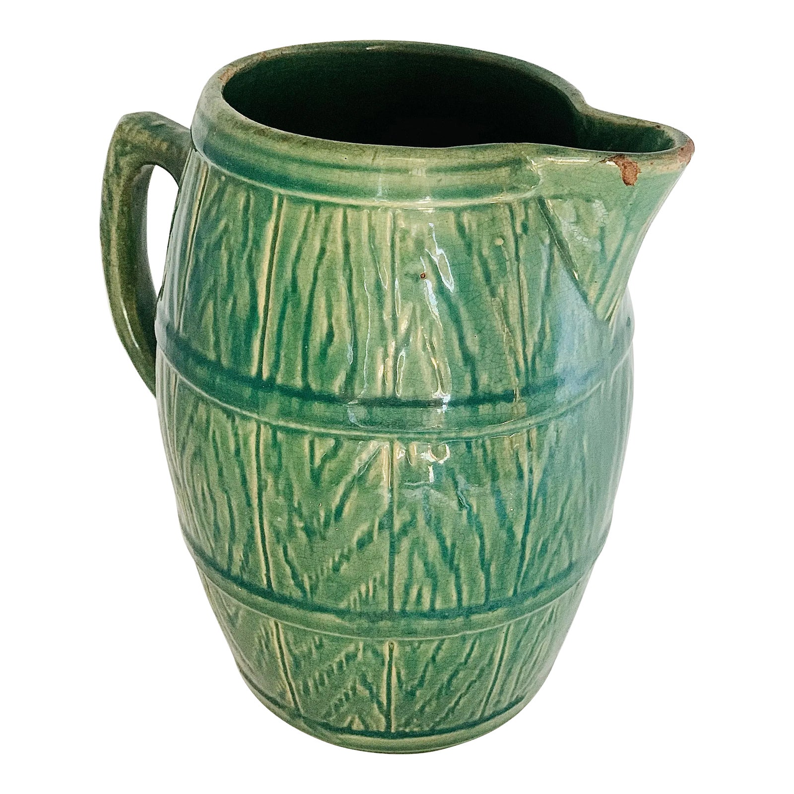 Antique McCoy Pottery Cider Tankard Banded Barrel Green Pitcher | Chairish