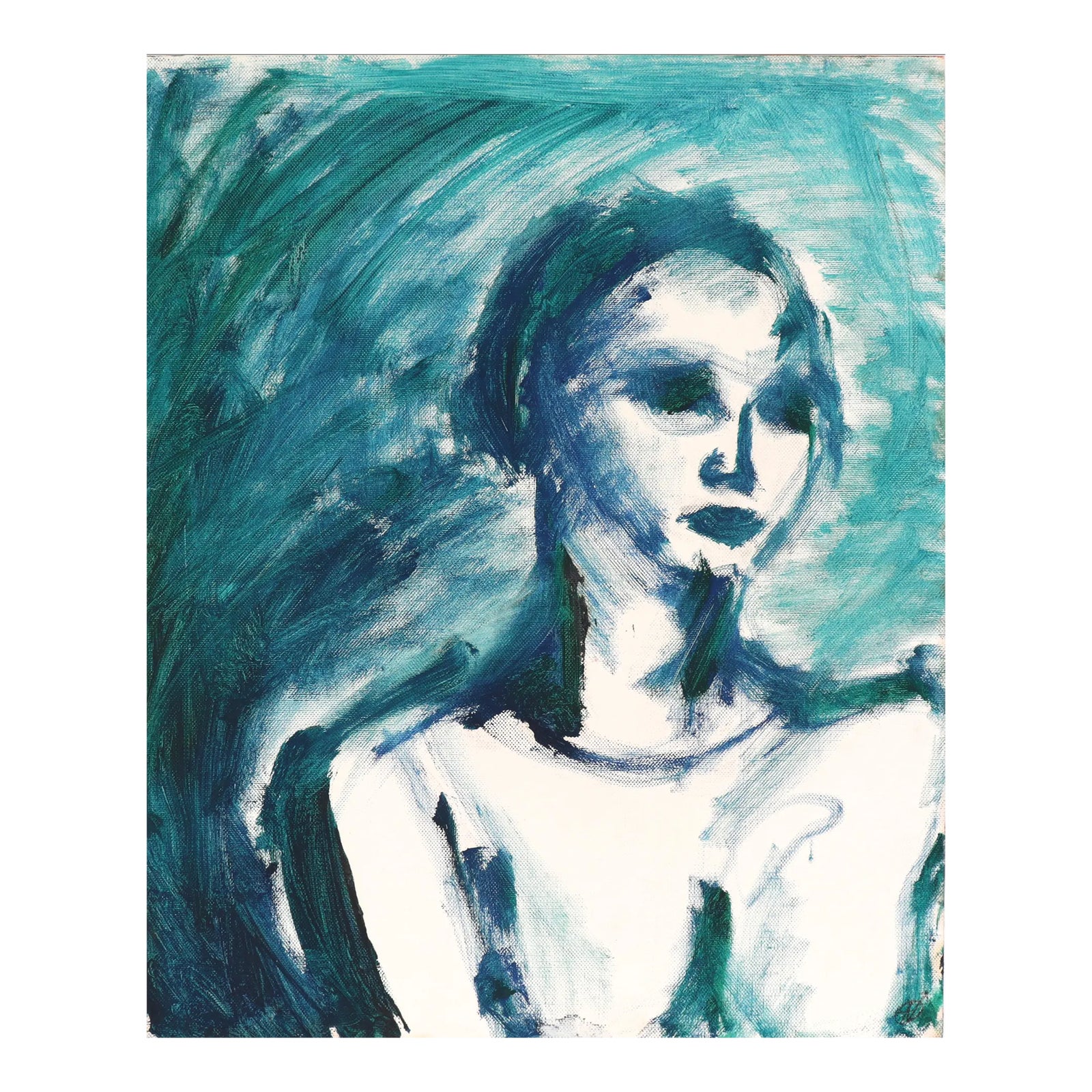 Moody Figure in Blue 20th Century Oil on Paper | Chairish