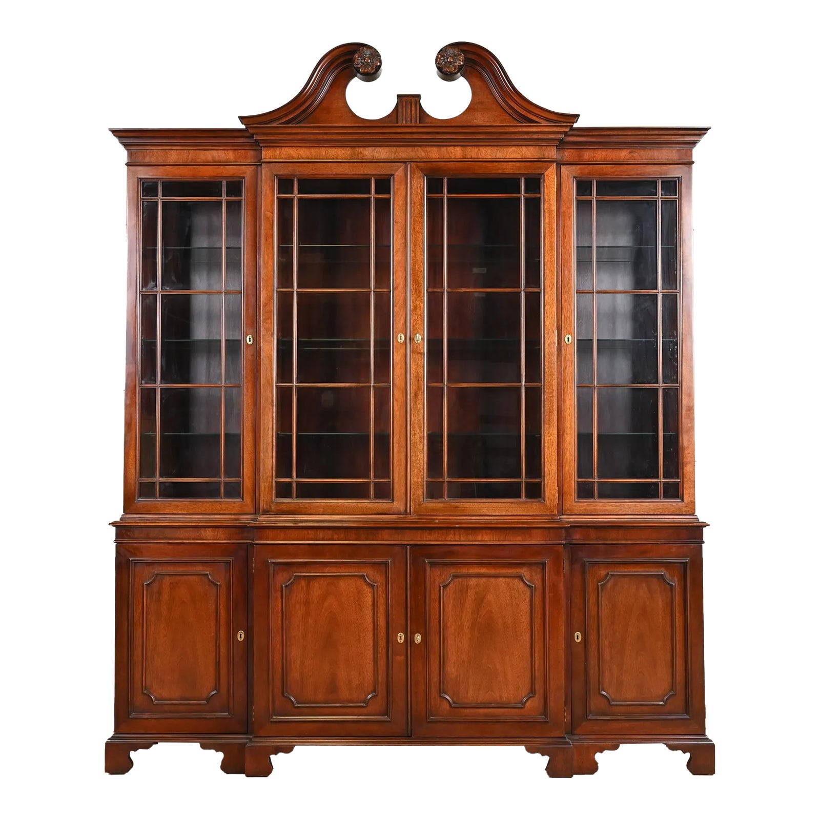 Kindel Furniture Georgian Carved Mahogany Lighted Breakfront Bookcase ...