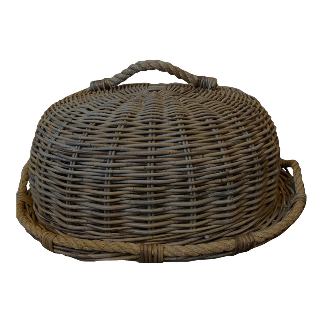 Pottery Barn Oversized Rattan Cloche and Tray | Chairish
