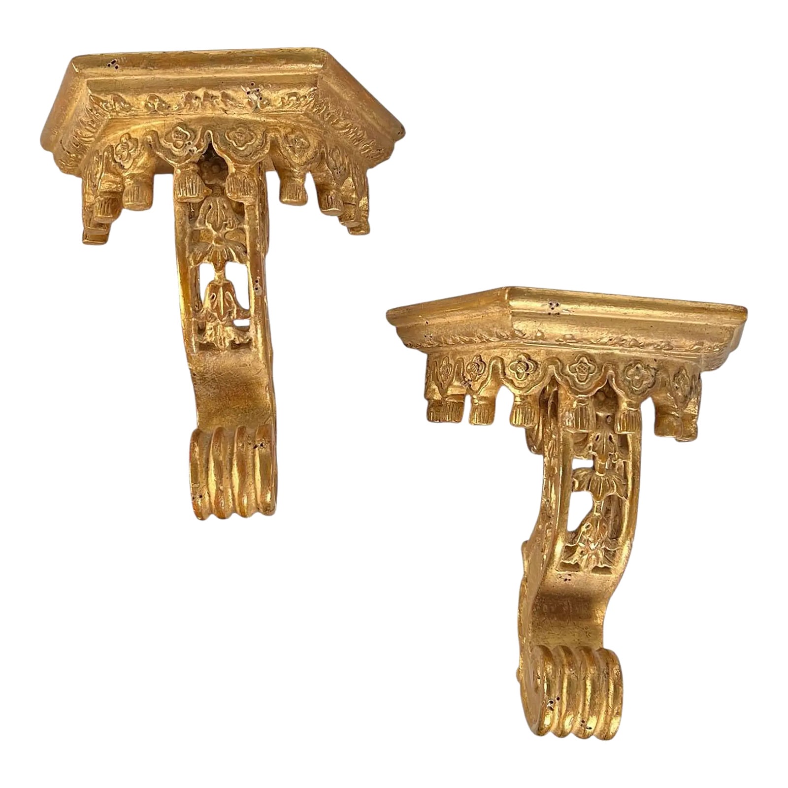Vintage Carved Wood and Gilded Floral Brackets - A Pair | Chairish