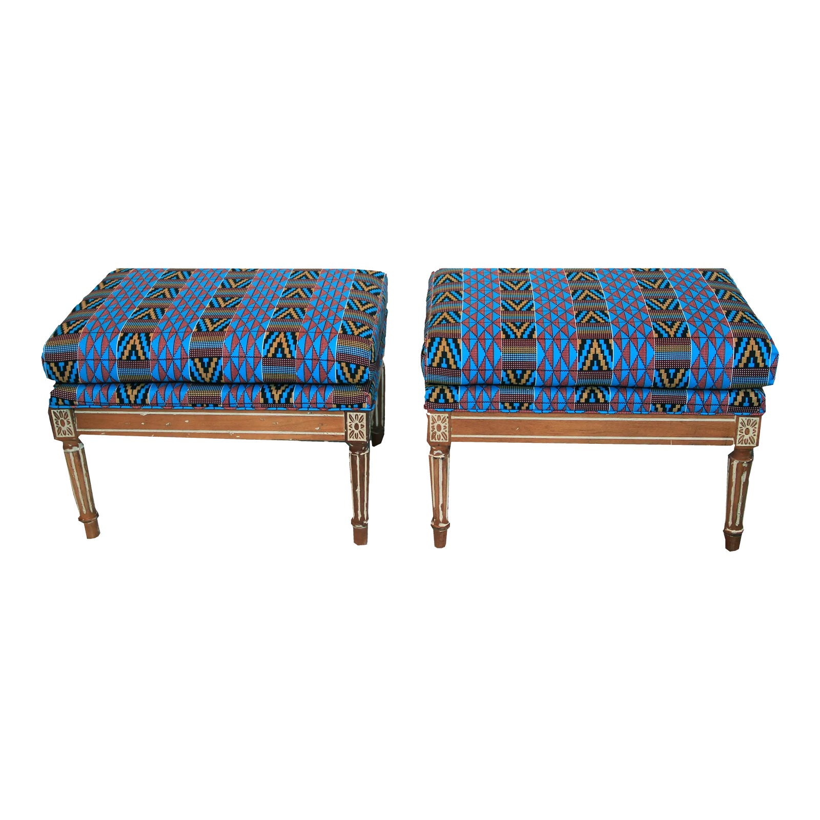 Mid-Century French Ottoman Stools With Geometric African Print- a Pair ...