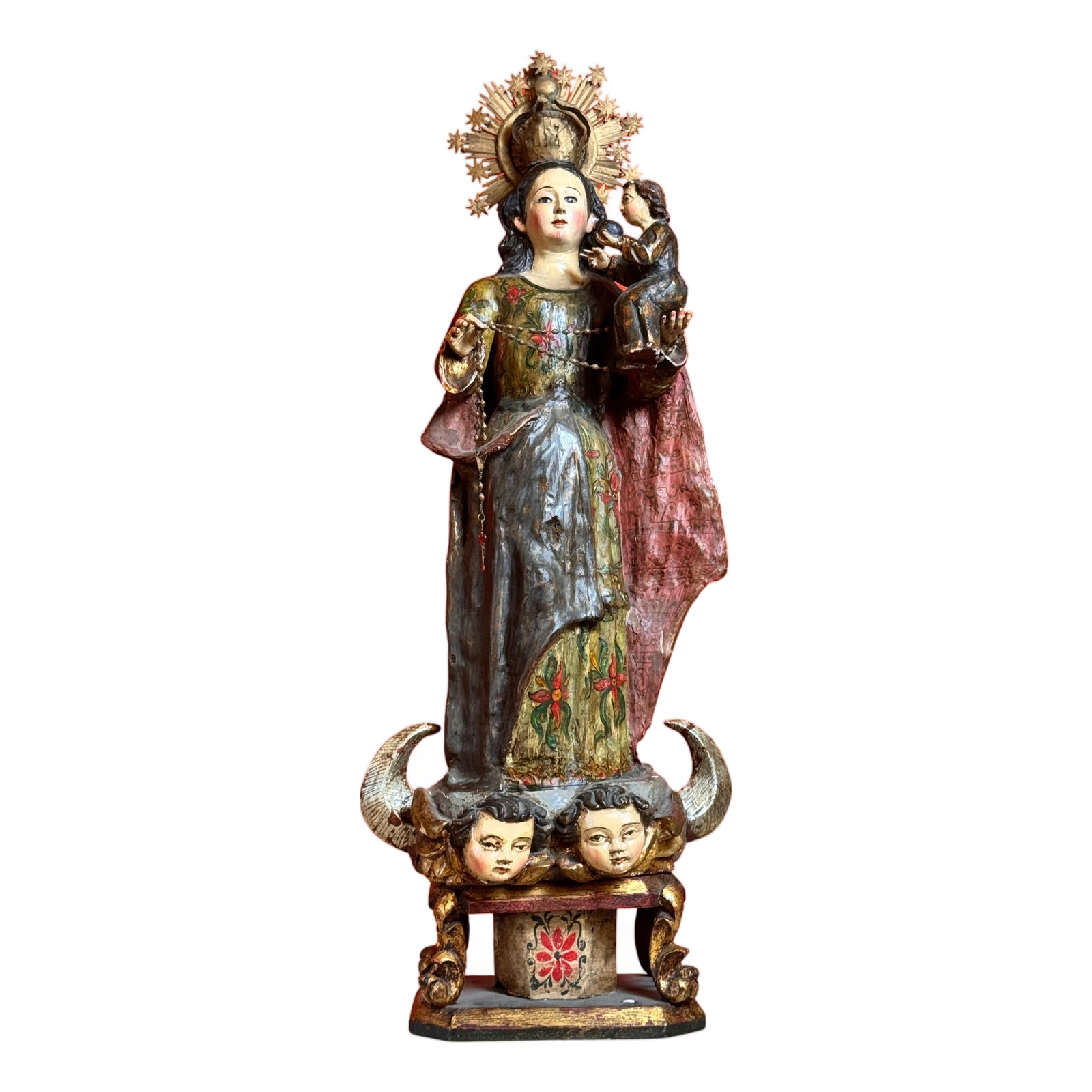 Virgin of Miraflores in Polychrome Maguey Wood with Child and Copper ...