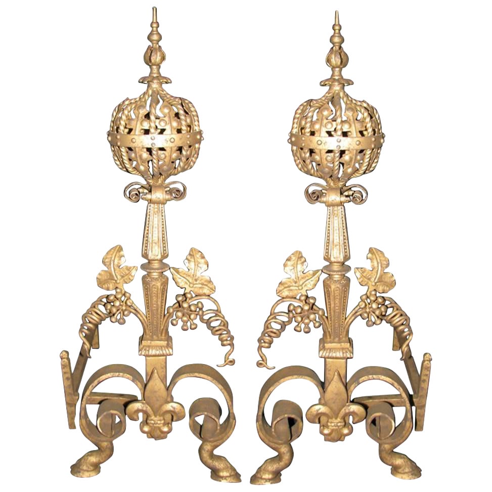Wrought Iron and Bronze Baroque Style Andirons - a Pair | Chairish