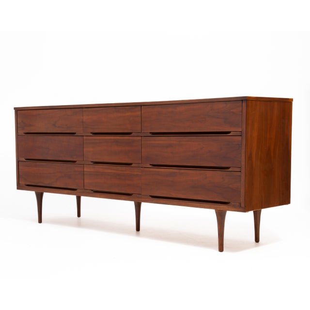 American Mid Century Walnut Nine Drawer Dresser Tapered Legs Hidden ...