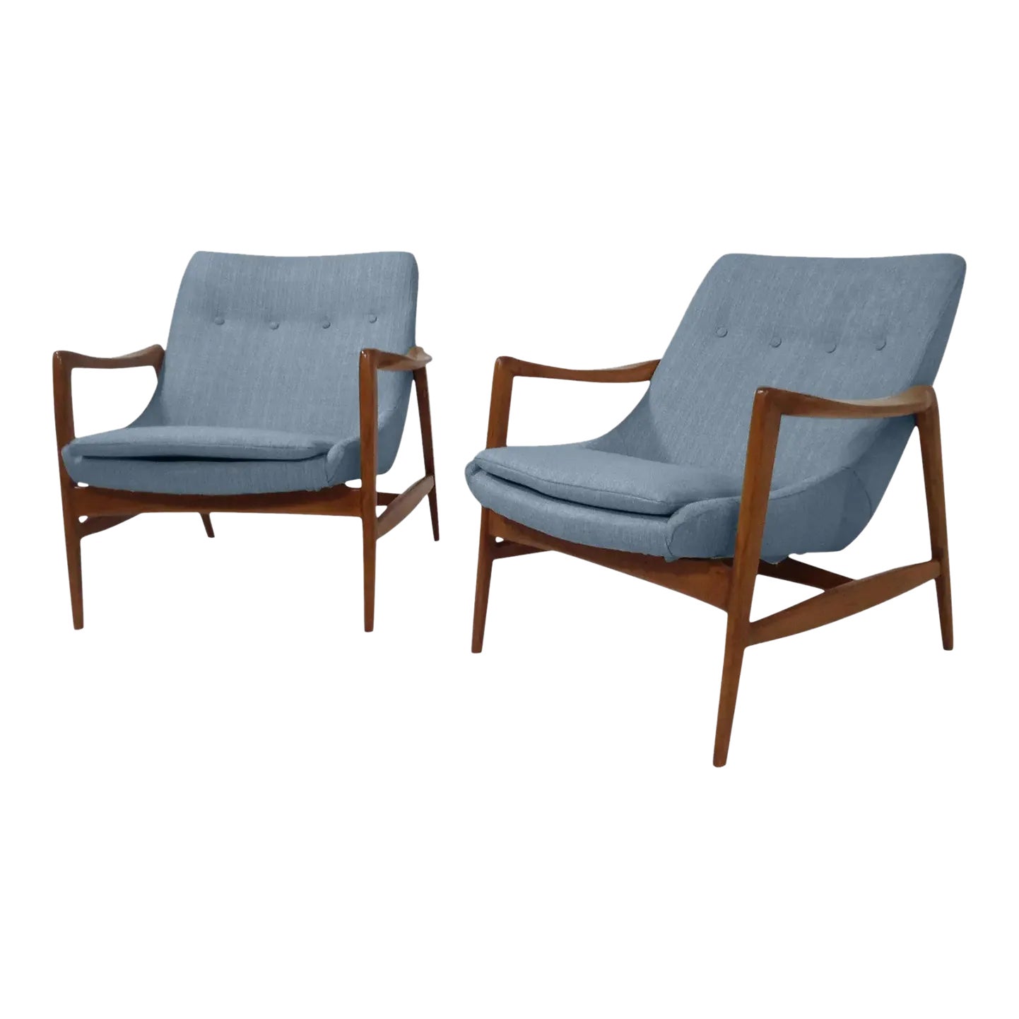 Modern Walnut Mid-Century Style Lounge Chairs Light Blue- Pair | Chairish