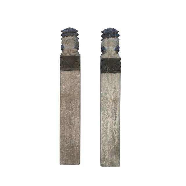 Chinese Pair Black Gray Stone Fengshui Foo Dogs Tall Slim Pole Statues ...