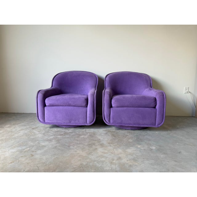 Post-Modern Purple Upholstered Swivel Lounge Chairs - a Pair | Chairish