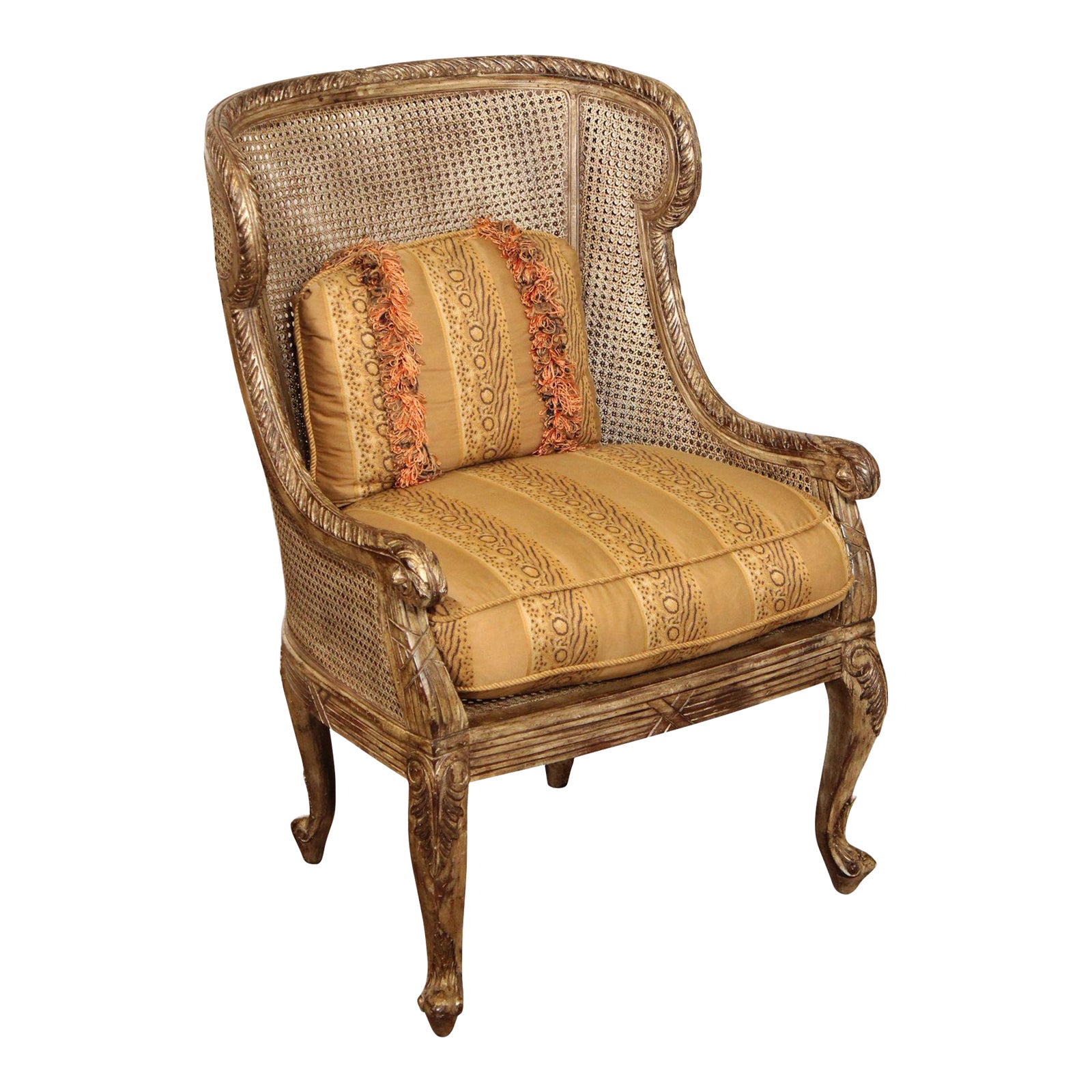 French Style Wooden Double Caned Wing Back Chair | Chairish