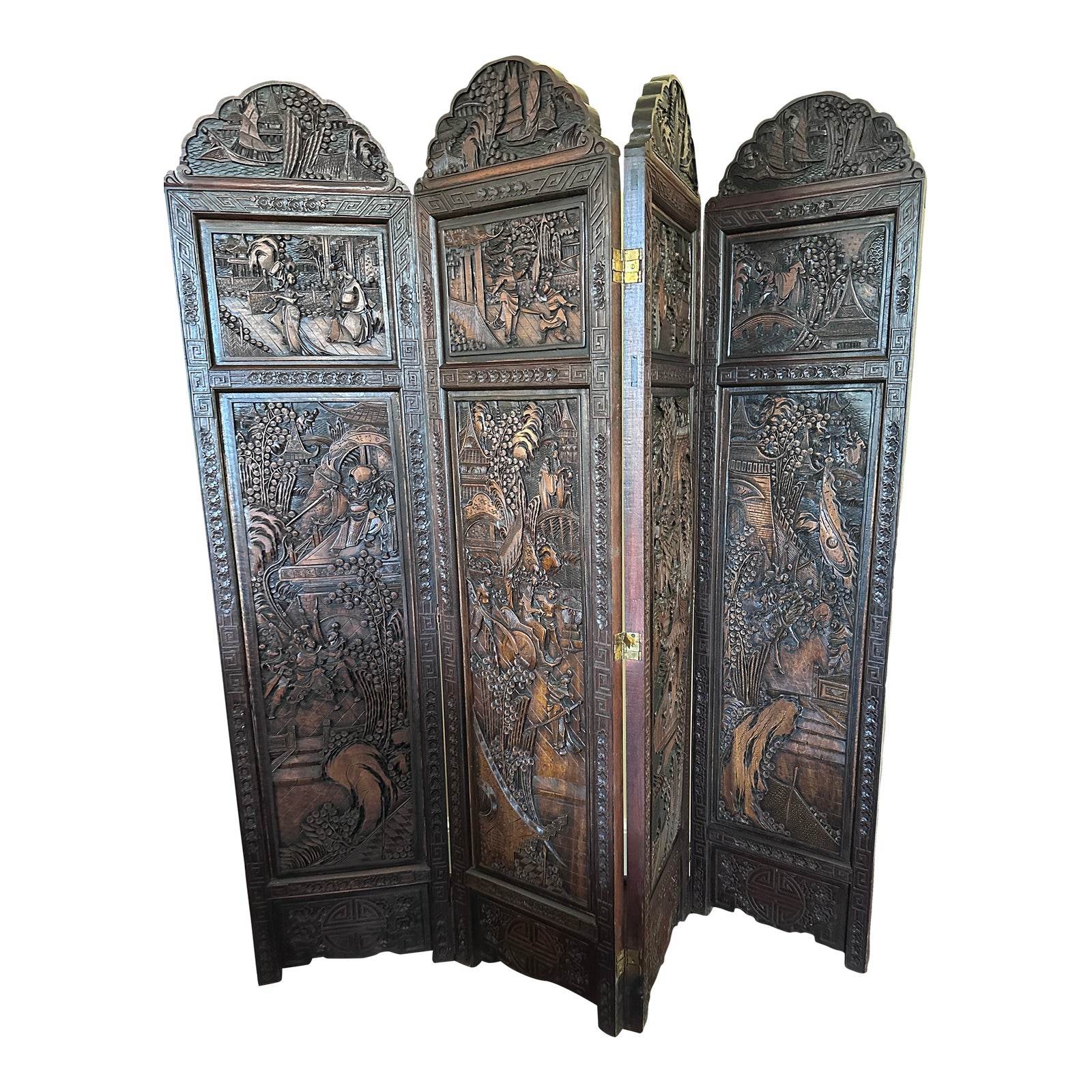 Antique Carved Wood Folding Screen | Chairish