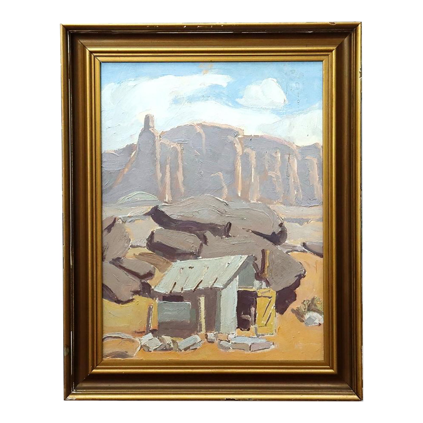 Ralph Holmes Desert Shack Oil on Board Painting Early 20th Century | Chairish