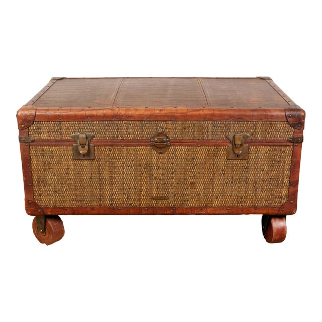 Baker Milling Road Embossed Leather Trunk on Wooden Casters | Chairish