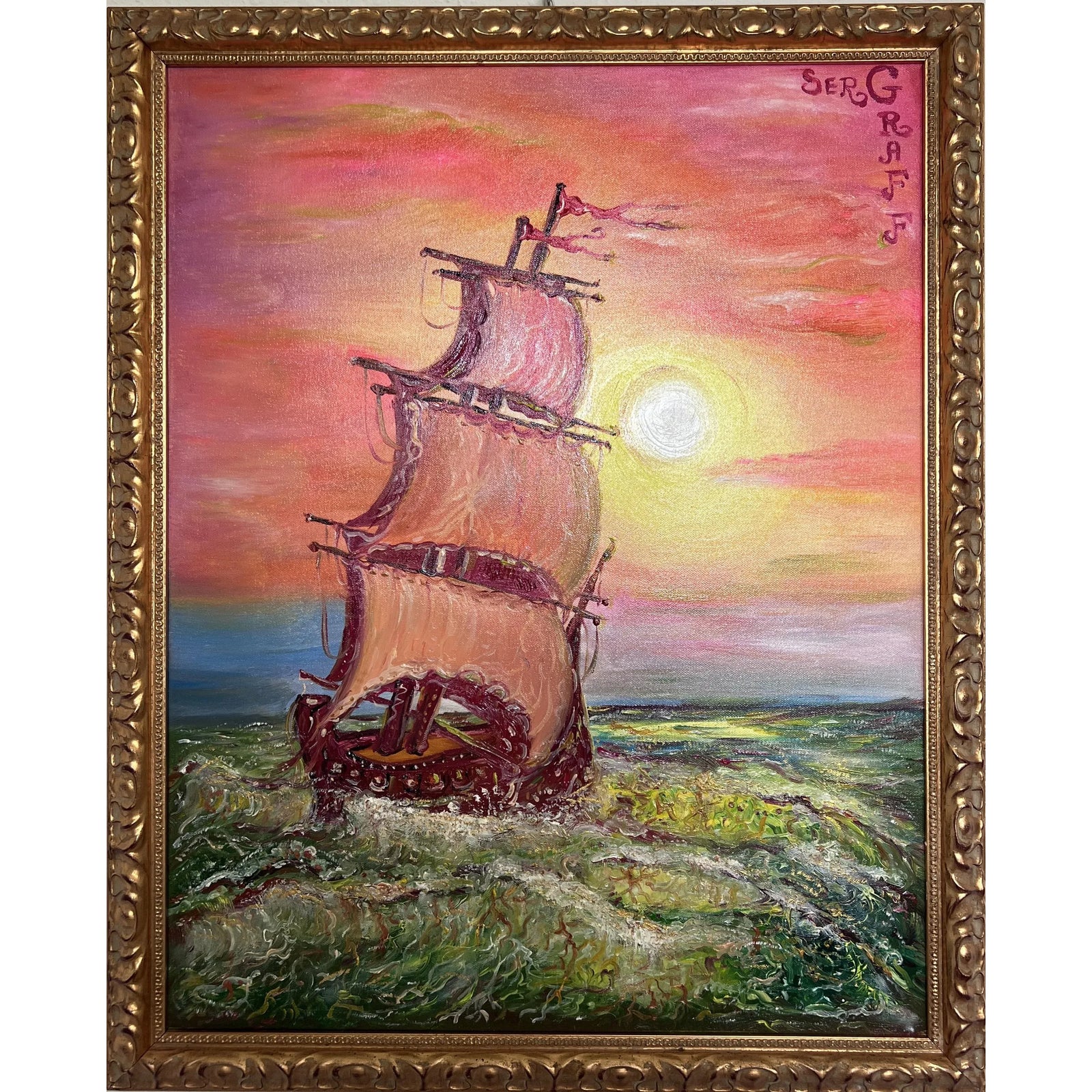 Original Oil Painting on Canvas by Serg Graff, "Ship" Sunset Sea Ocean ...