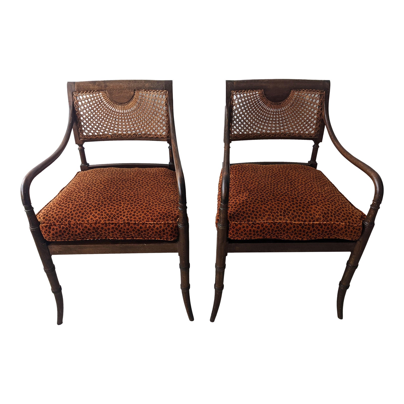 Late 20th Century Faux Bamboo Regency Style Spider WebCane Armchairs ...