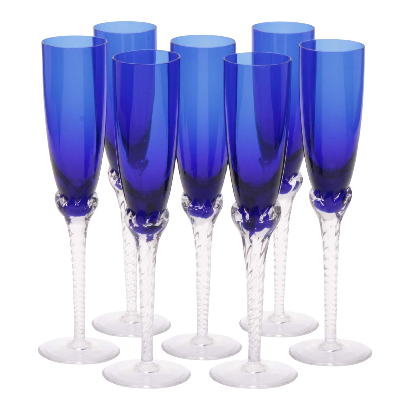 Hand-Blown Crystal Champagne Flutes in Cobalt Blue With Spiral Twisted ...
