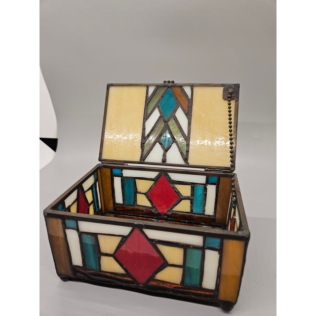 Vintage MCM Stained Glass Trinket Box Tiffany Style Jewelry W/Chain ...