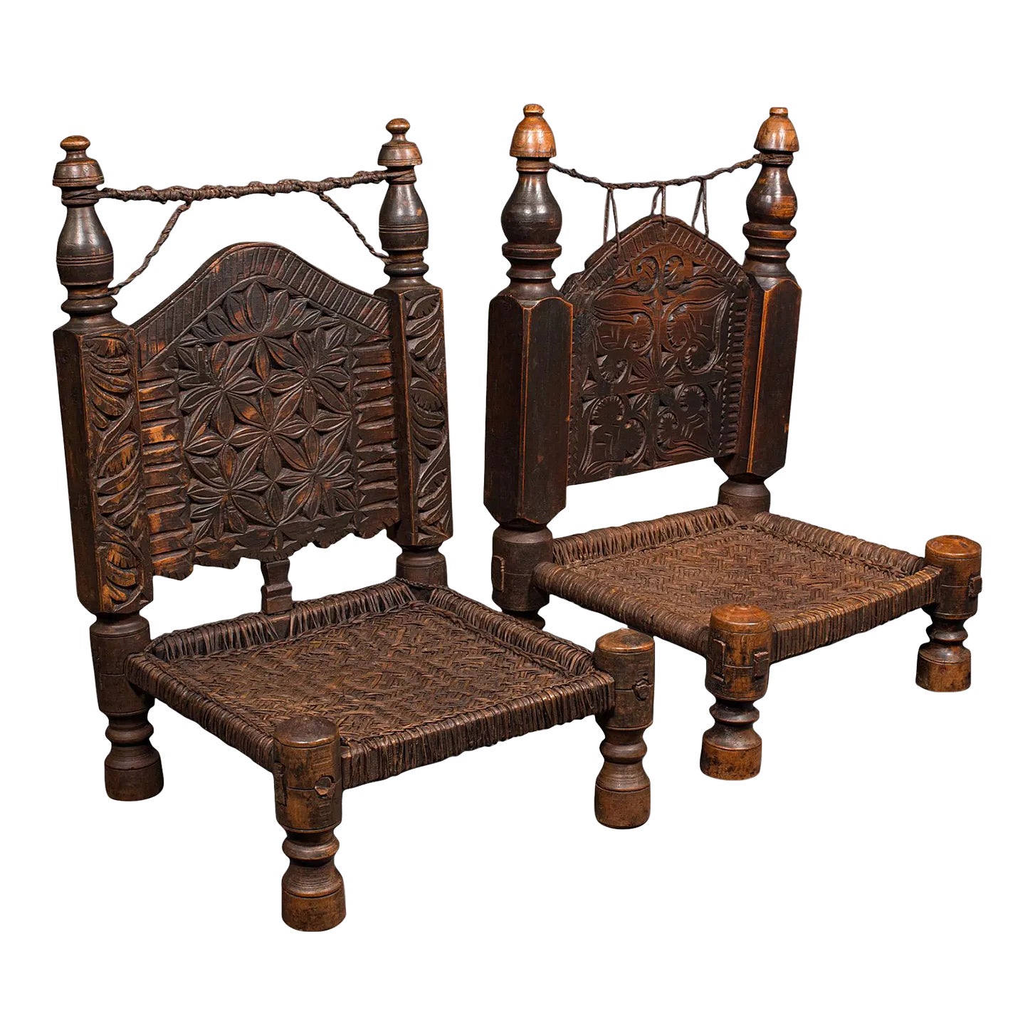 1850s Victorian Near Pair of Antique Carved Temple Chairs, Burmese ...