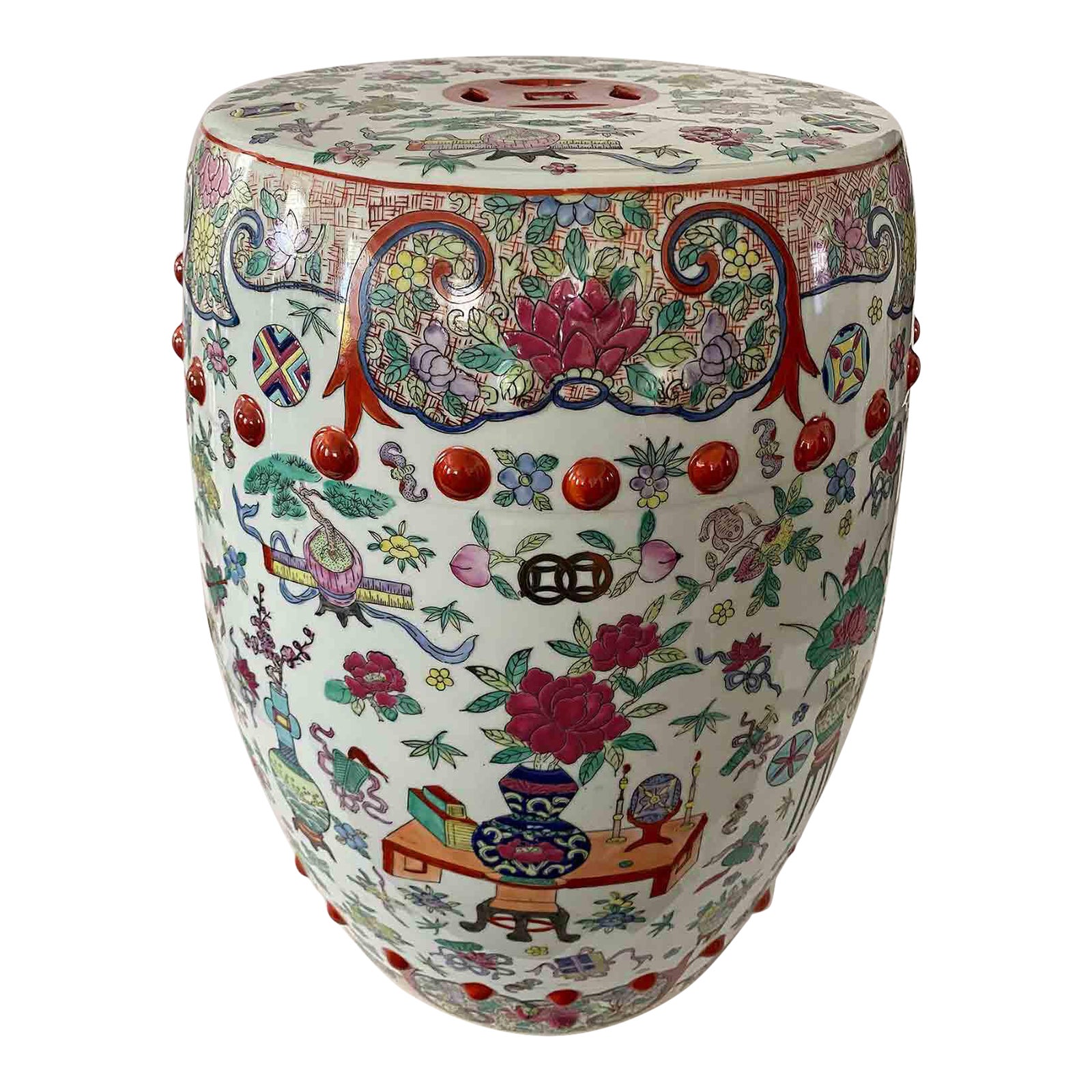 Late 20th Century Oriental Glazed Painted Pottery Garden Stool | Chairish