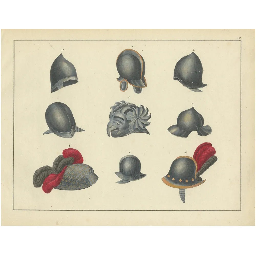 Medieval and Renaissance Helmets, 1842, Lithograph | Chairish
