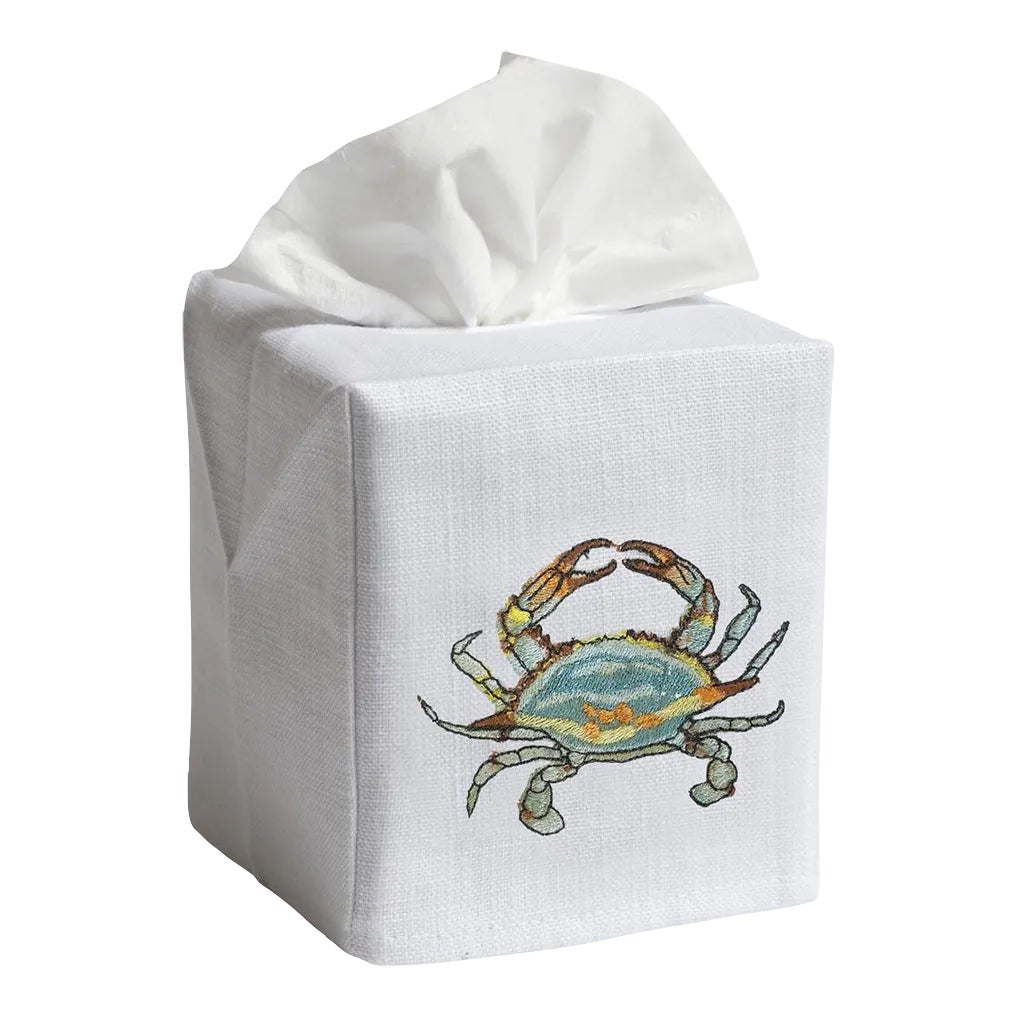 Aqua Atlantic Crab Tissue Box Cover in White Linen & Cotton ...