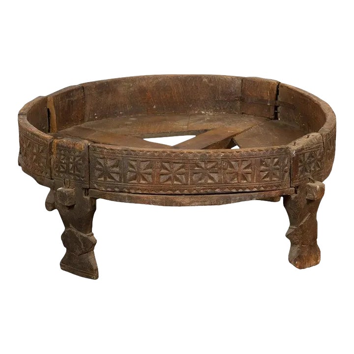 Antique Indian Chakki Grinding Table with Hand-Carved Geometric Décor ...