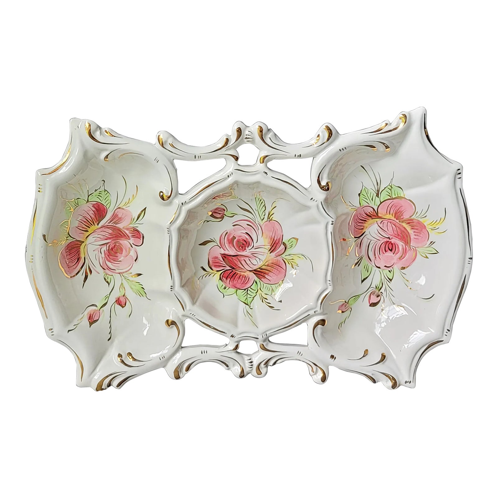 Vintage Ceramic Hand Painted Pink Rose Divided Relish Dish with Gold ...