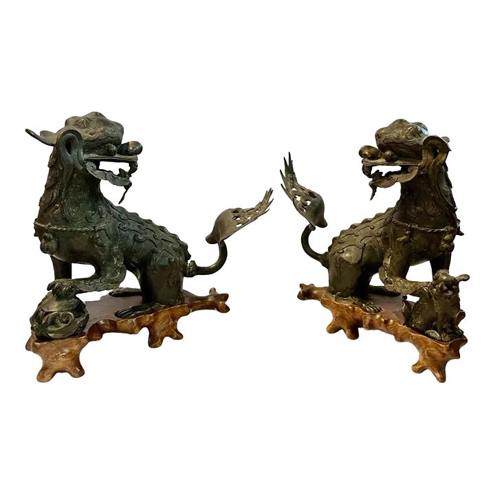 Pair of 17th Century Late Ming Bronze Foo Dogs With Stands | Chairish