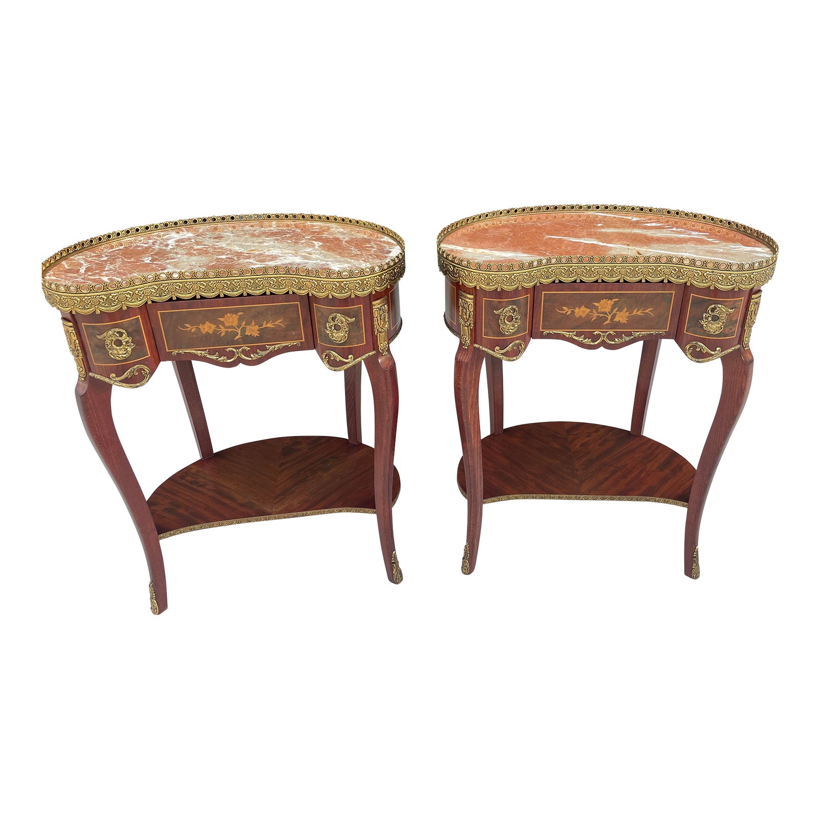 1980s Pair Kidney Side Tables From Spain With Top Marquetry and Bronze ...