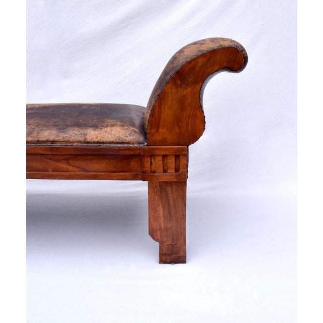 Distressed Leather Rolled Arm Bench | Chairish