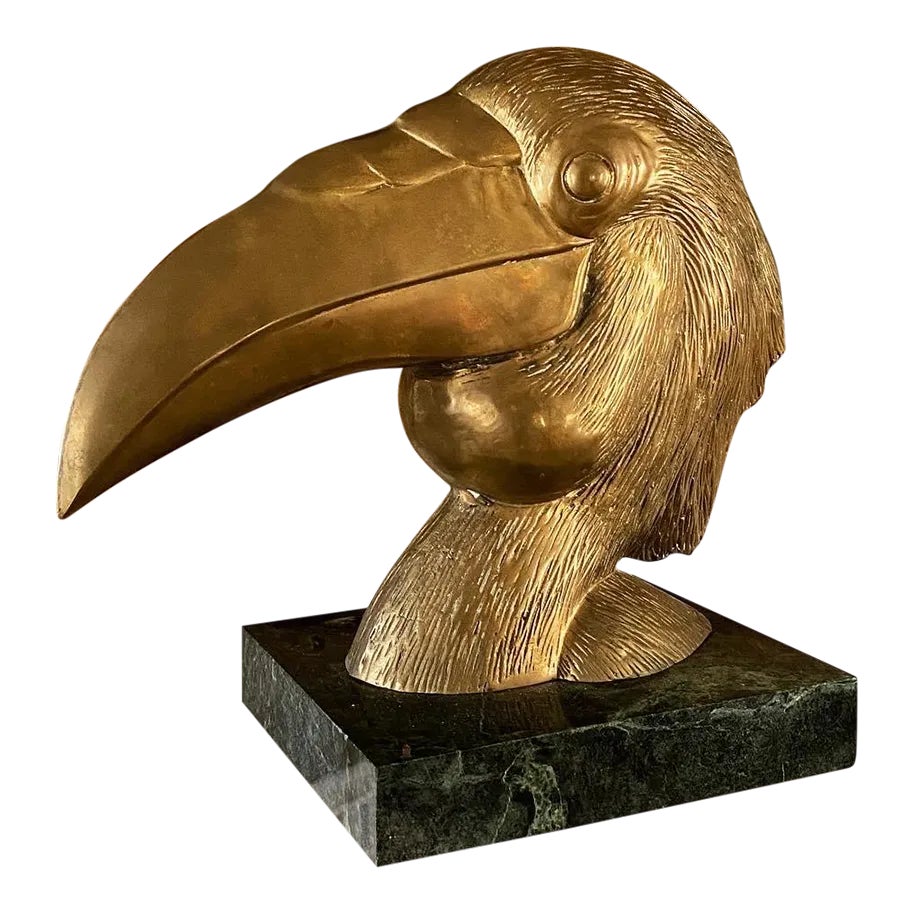 Vintage 1950s Large Brass Hornbill Toucan Bird on Marble Plinth | Chairish